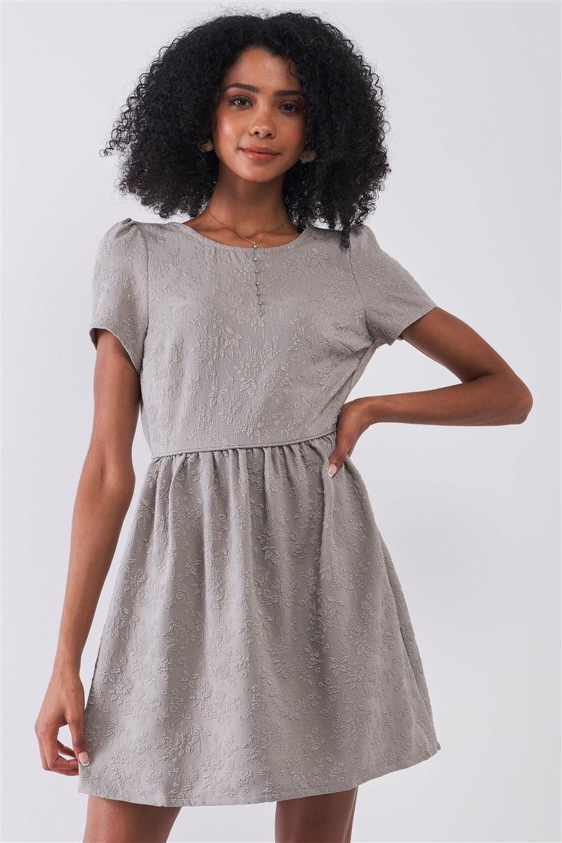 Silver Grey Floral Embroidery Round Neck Short Sleeve Mini Dress – AMIClubwear