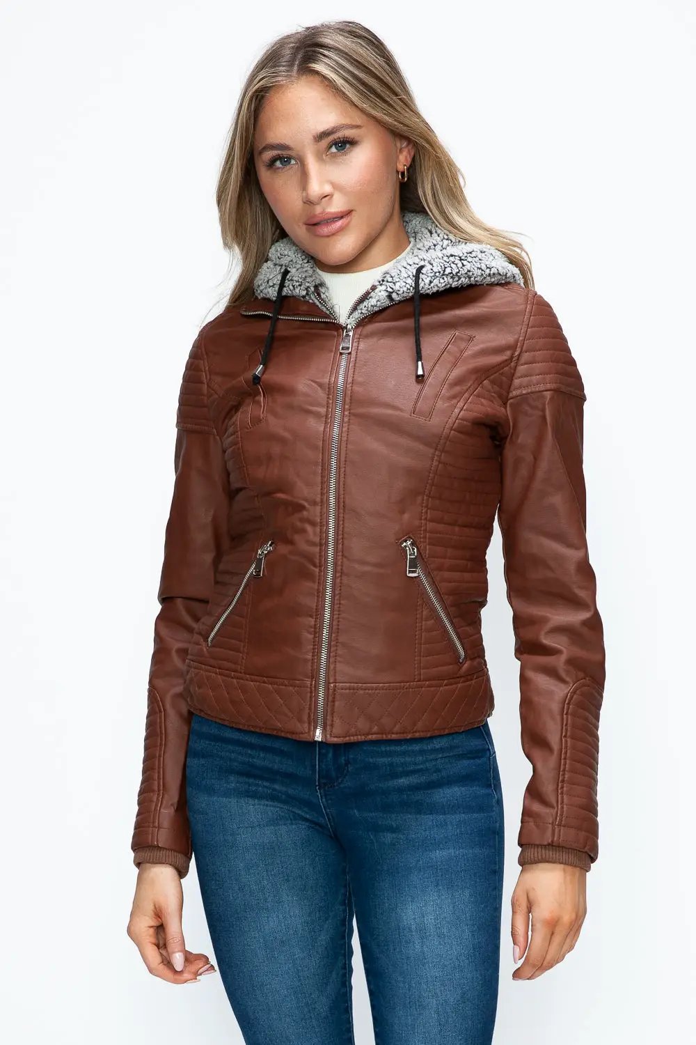 YMI Faux Layered Double-Zipper Jacket with Fuzzy Hood – AMIClubwear