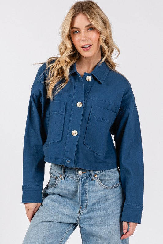 bytos Button Down Cropped Denim Jacket with Patch Pockets – AMIClubwear