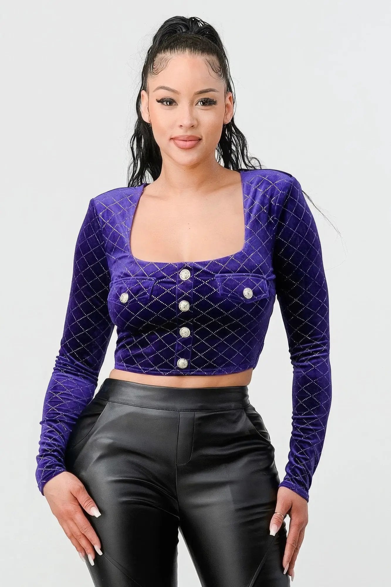 Lux Diamon Velvet Buttons Open Back Square Neck Long Sleeves Cropped T ...