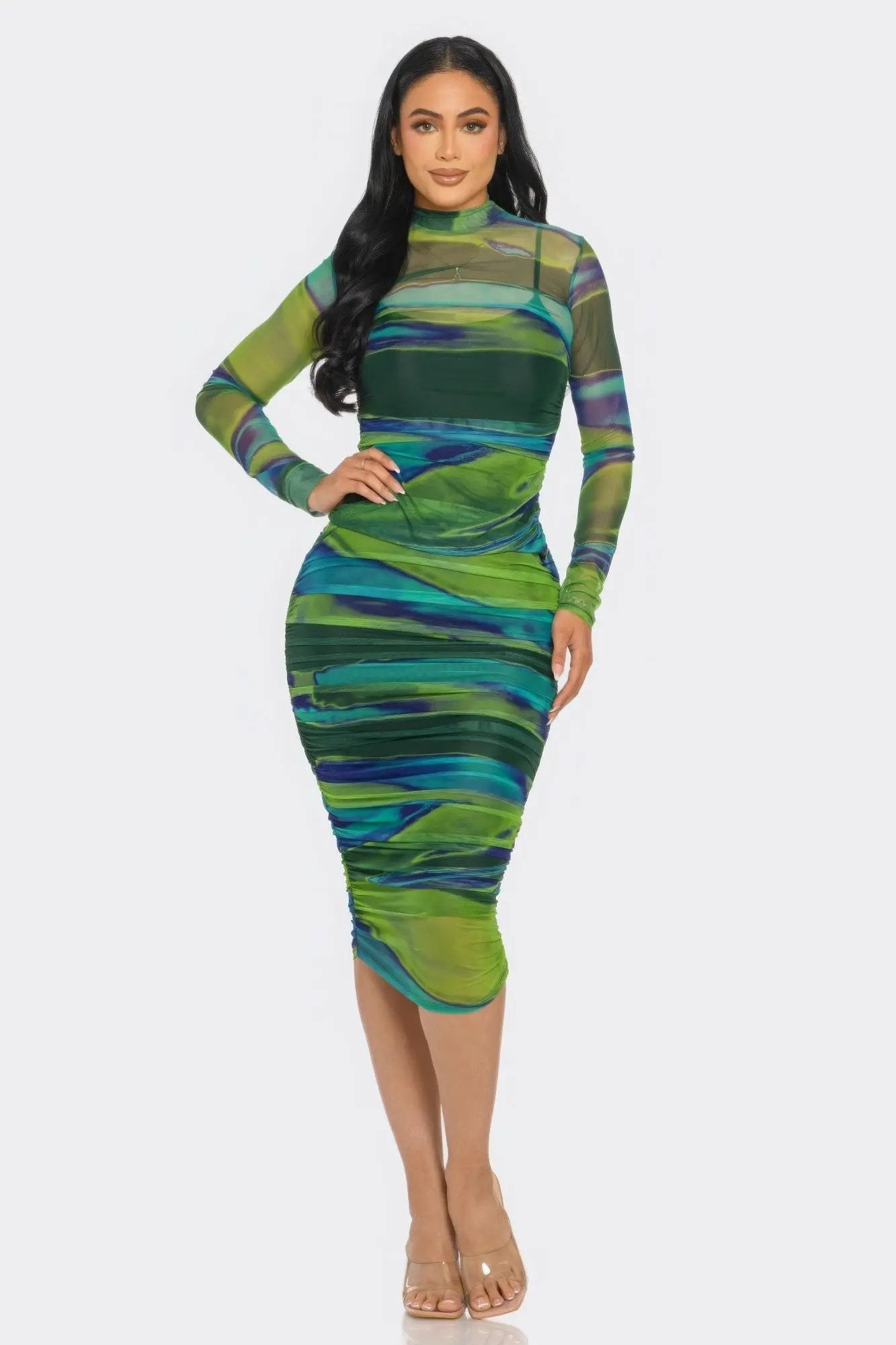 Glitch Print Mesh Ruched Midi Dress – AMIClubwear