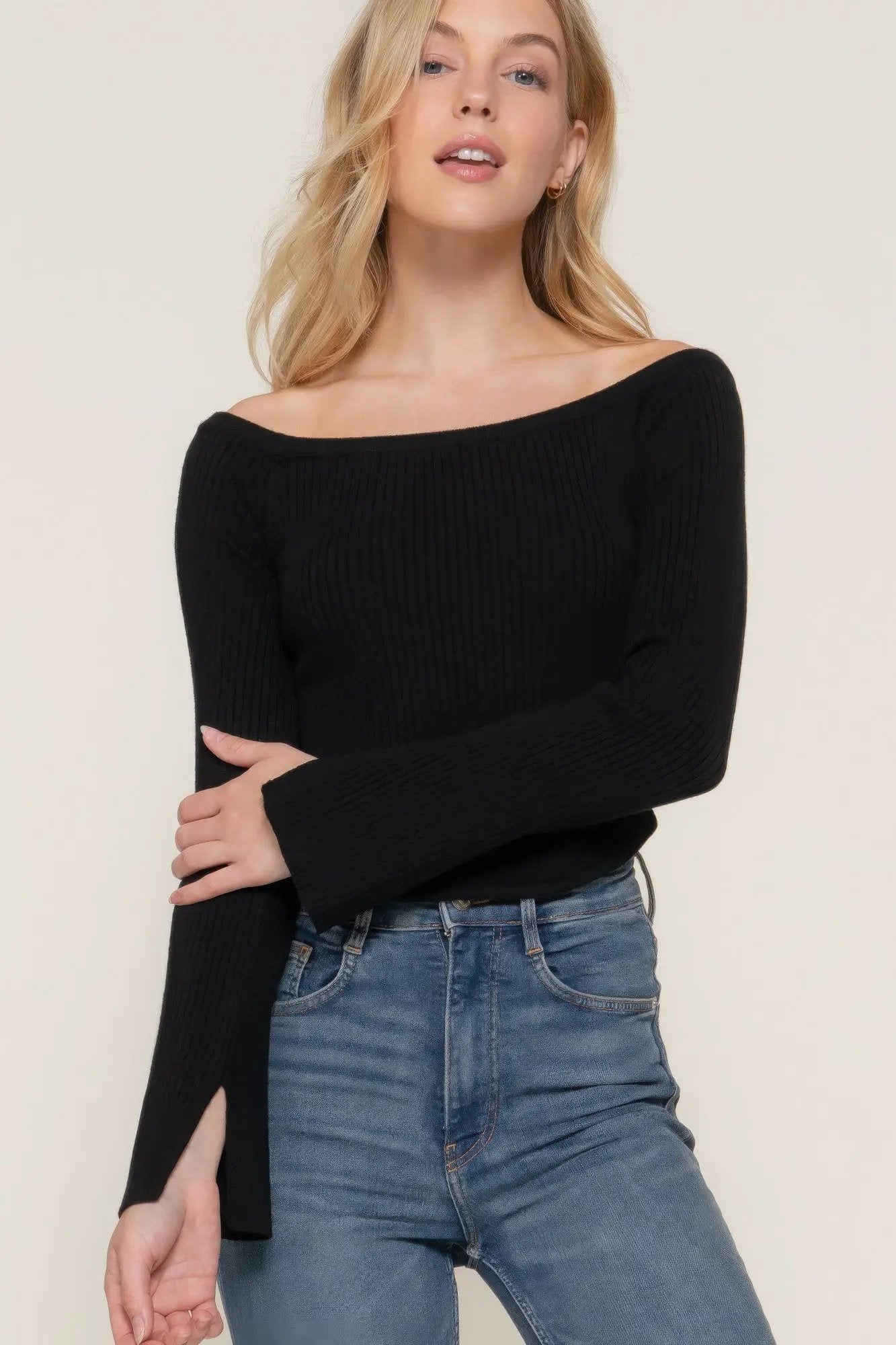 Long flare slv off shoulder sweater – AMIClubwear