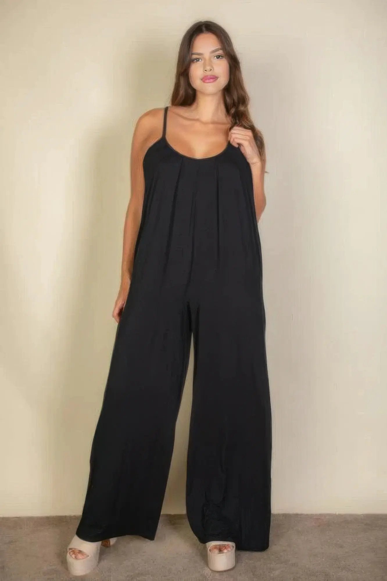 Plus spaghetti strap solid wide jumpsuit – AMIClubwear