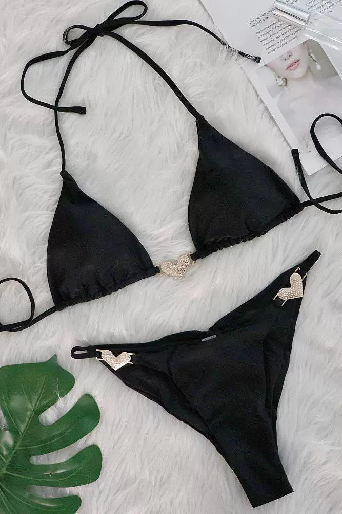 Black Rhinestones Heart Triangle Cheeky Ruched Back Sexy 2Pc Swimsuit ...