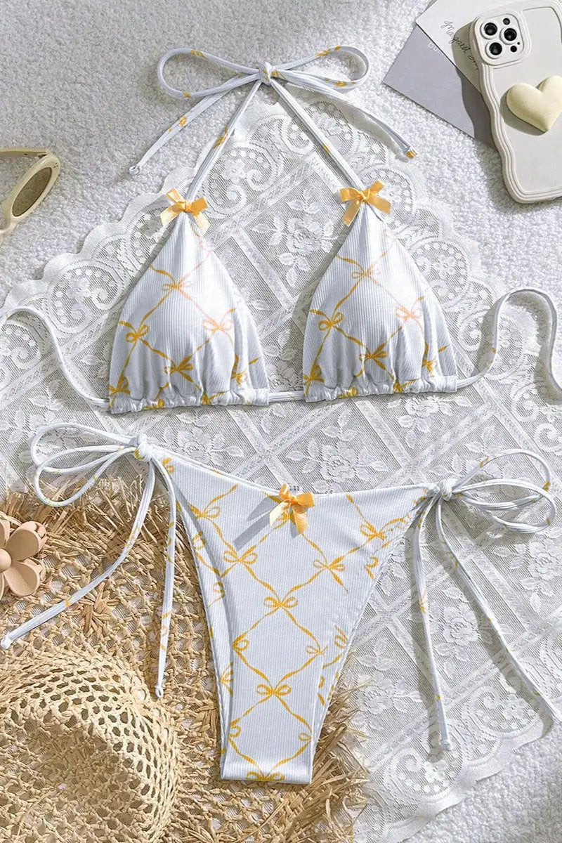 White Orange Coquette Bows Triangle Tie Side Sexy 2Pc Swimsuit Set Bik ...