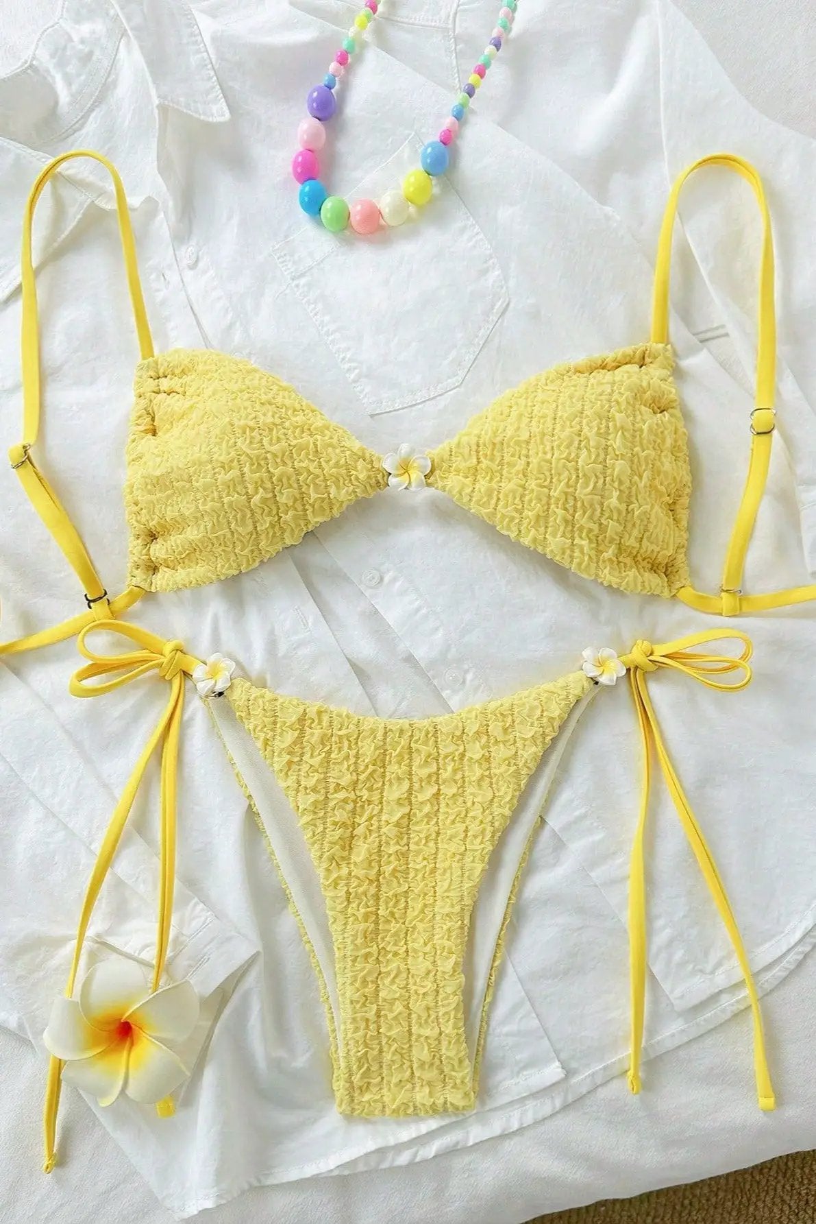 Yellow Textured Hawaiian Plumeria Flower Sexy 2Pc Swimsuit Set Bikini ...