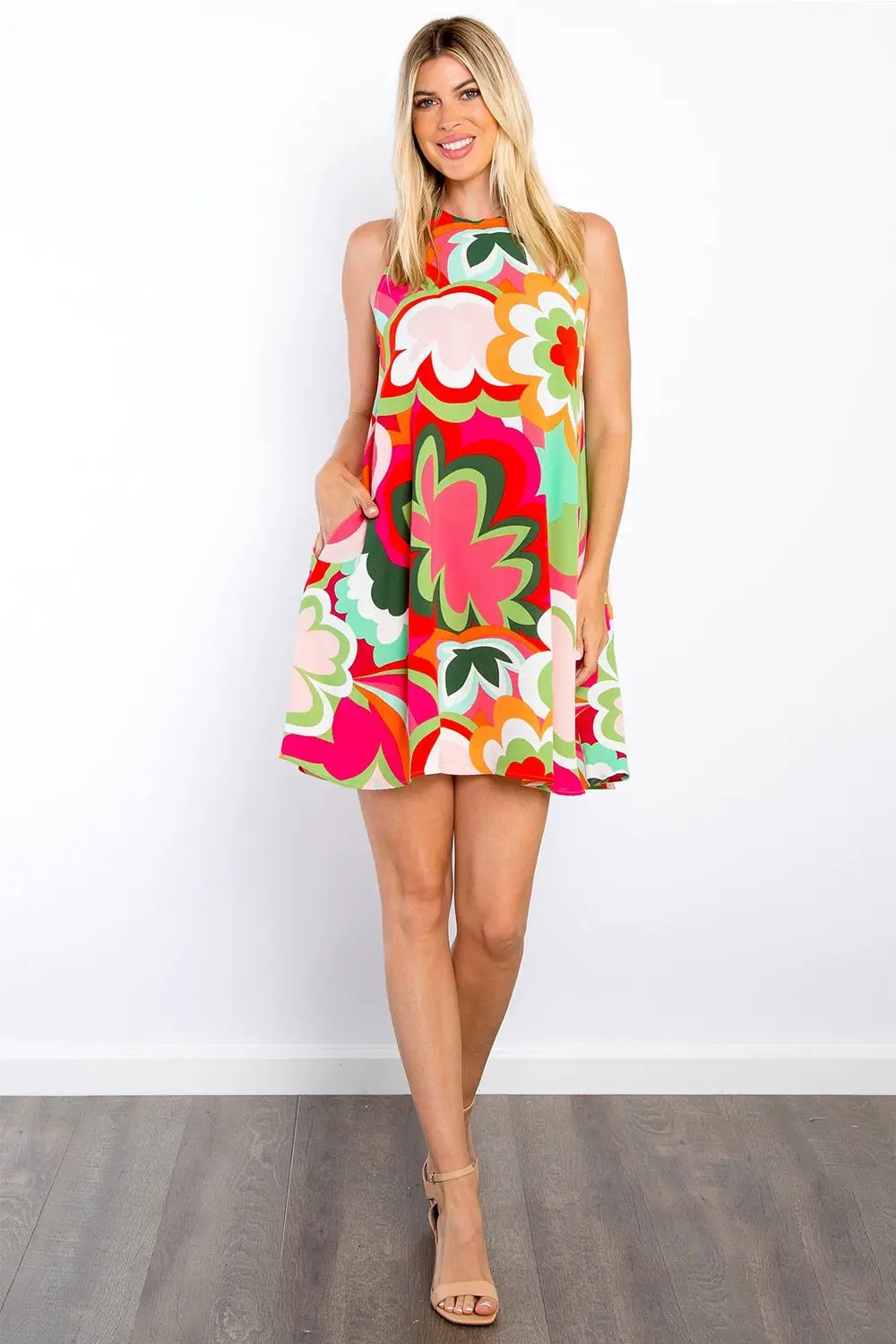 Be Stage Full Size Floral Sleeveless Mini Dress with Pockets – AMIClubwear