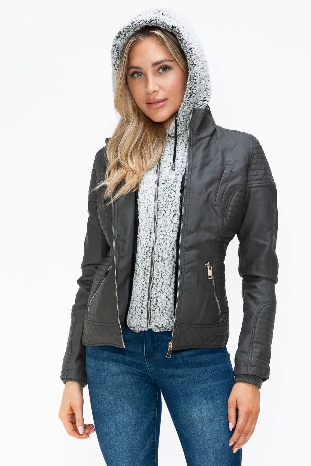 YMI Faux Layered Double-Zipper Jacket with Fuzzy Hood – AMIClubwear