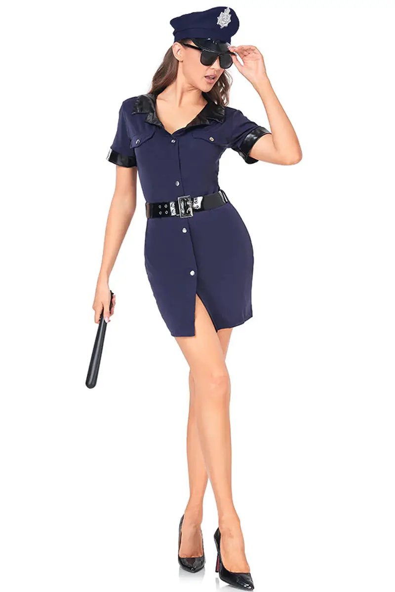 Navy Black Faux Leather Fitted Belted Police Dress Costume W/Hat ...