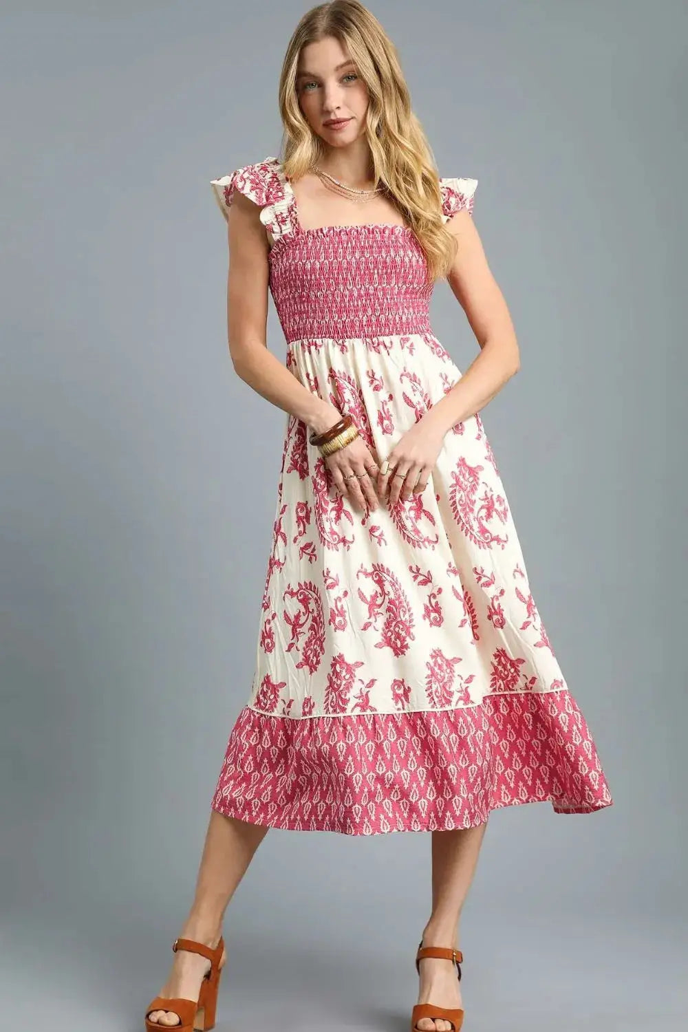 Umgee Printed Smocked Midi Dress with Ruffle Details – AMIClubwear