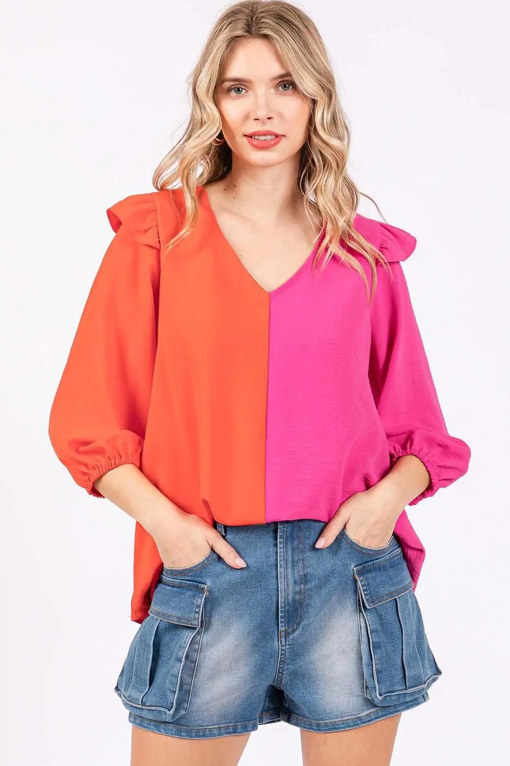 GeeGee Full Size Ruffle Trim Contrast Blouse – AMIClubwear