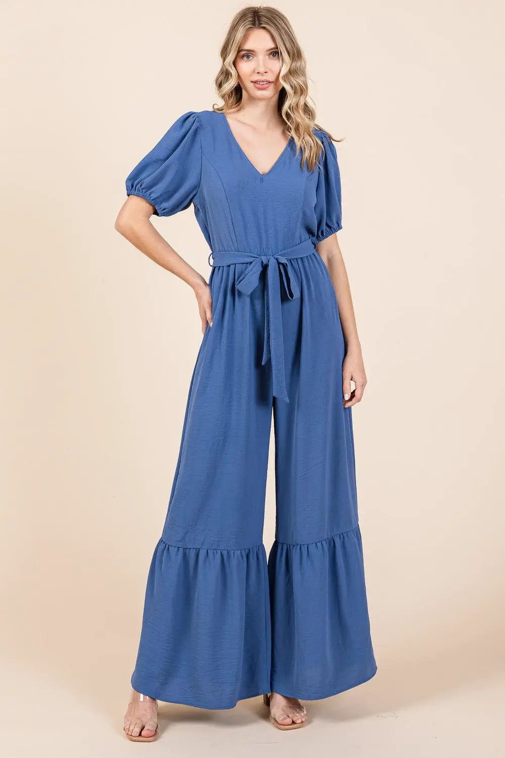 GeeGee Full Size V-Neck Belted Wide Leg Jumpsuit – AMIClubwear