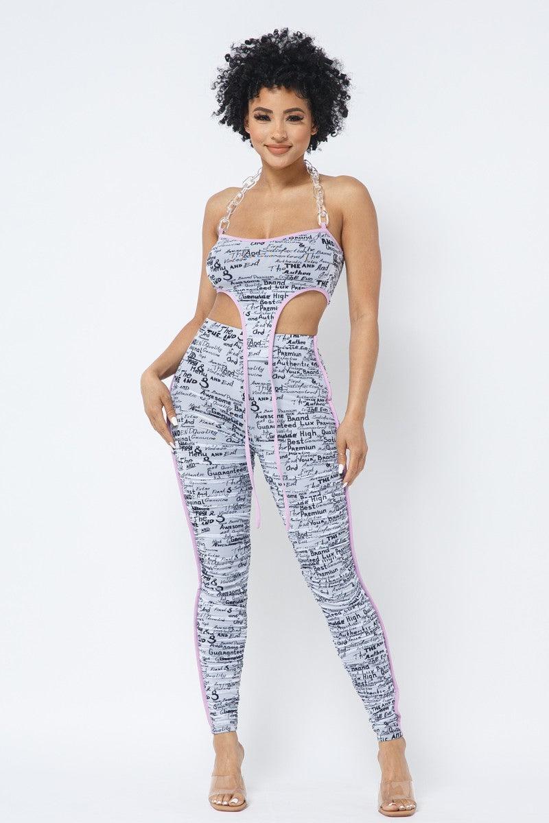 Mesh Print Crop Top With Plastic Chain Halter Neck With Matching Leggi ...