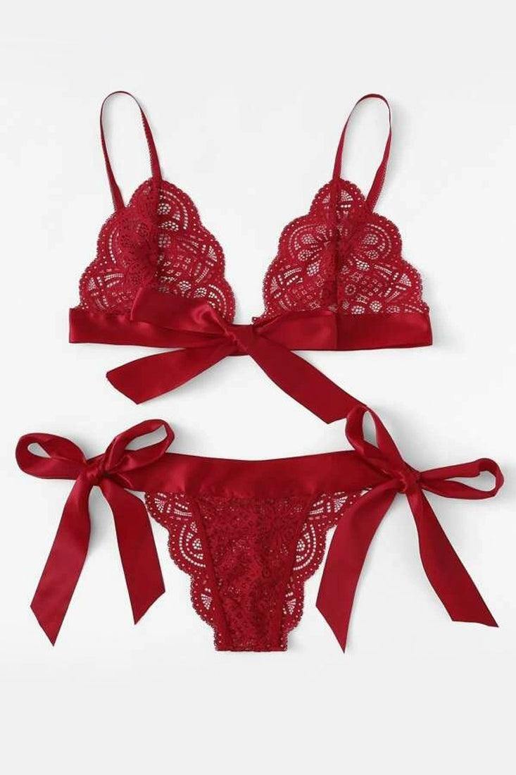 Red Lace Ribbon Bow 2Pc Lingerie Set – AMIClubwear