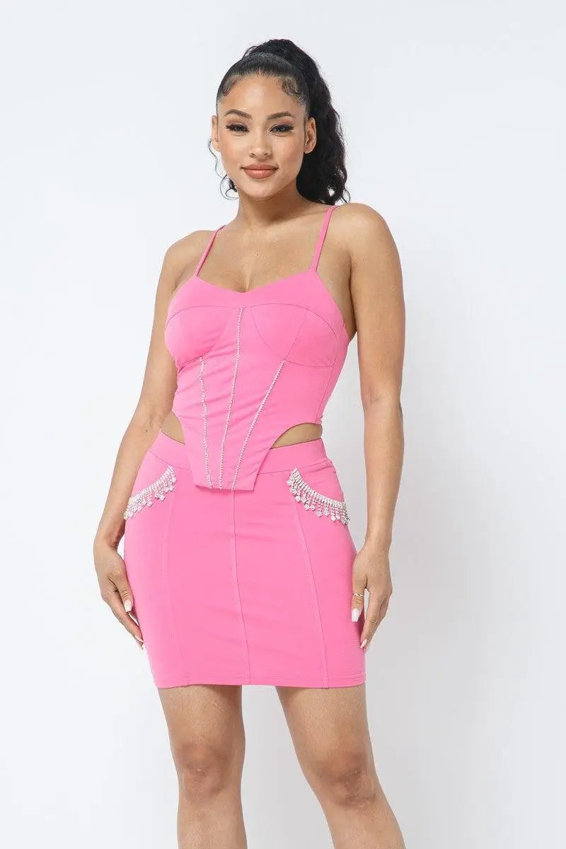 Rhinestone Detailed Strappy Cropped Top With Matching Rhinestone Pocke ...