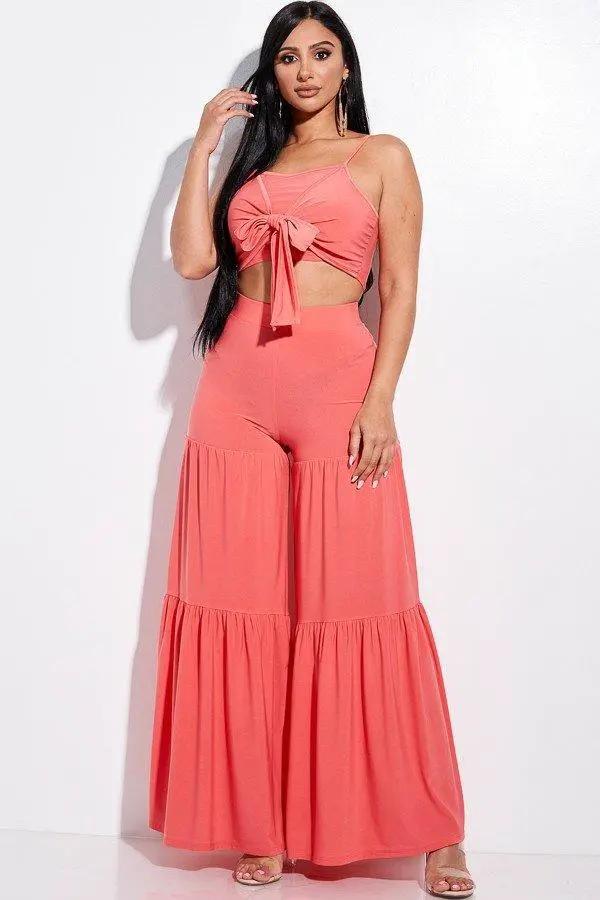 Solid Tie Front Spaghetti Strap Tank Top And Tiered Wide Leg Pants Two ...