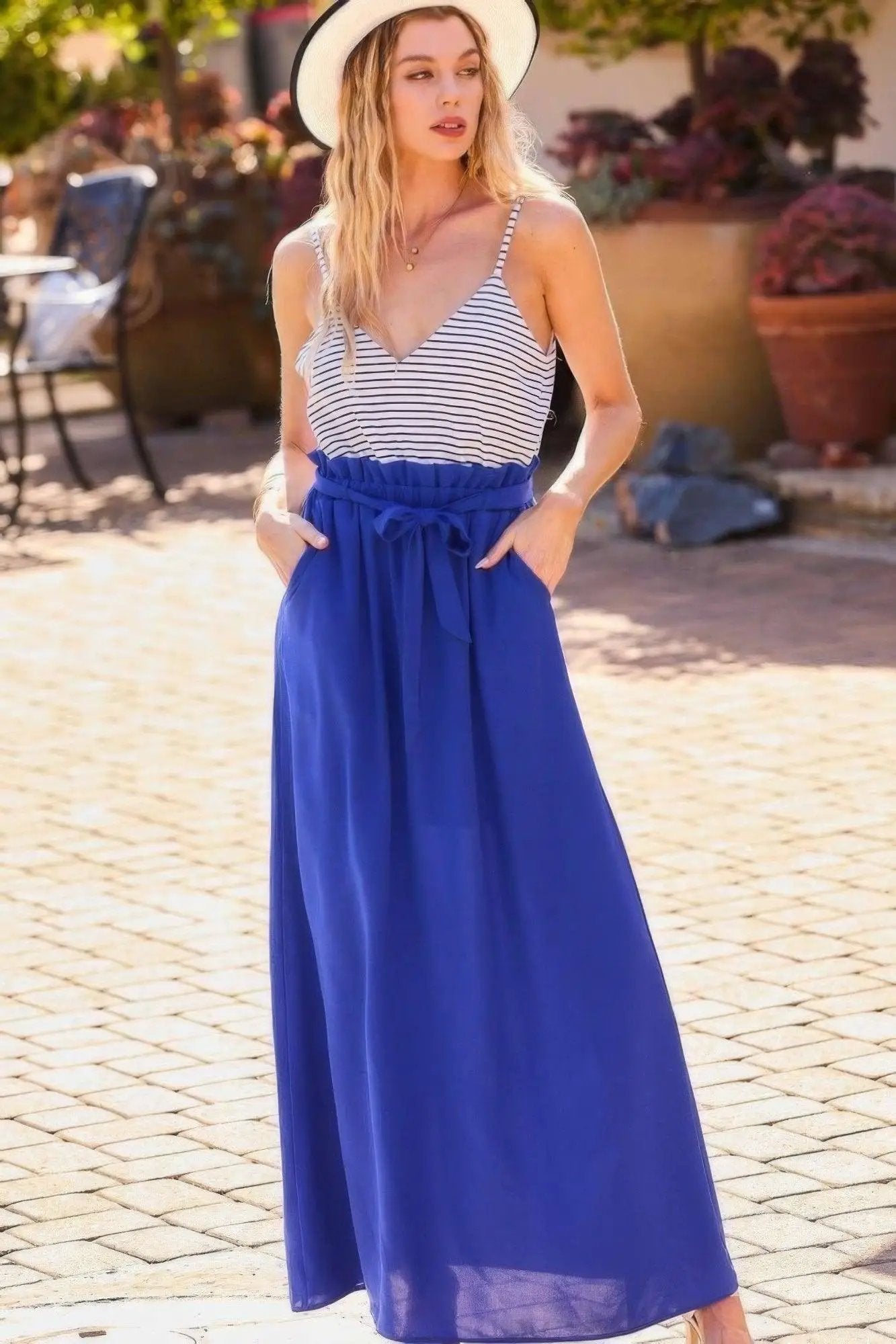 Striped Print Cami Sol Top Hi-waist Skirt Side Pocket Maxi Dress ...