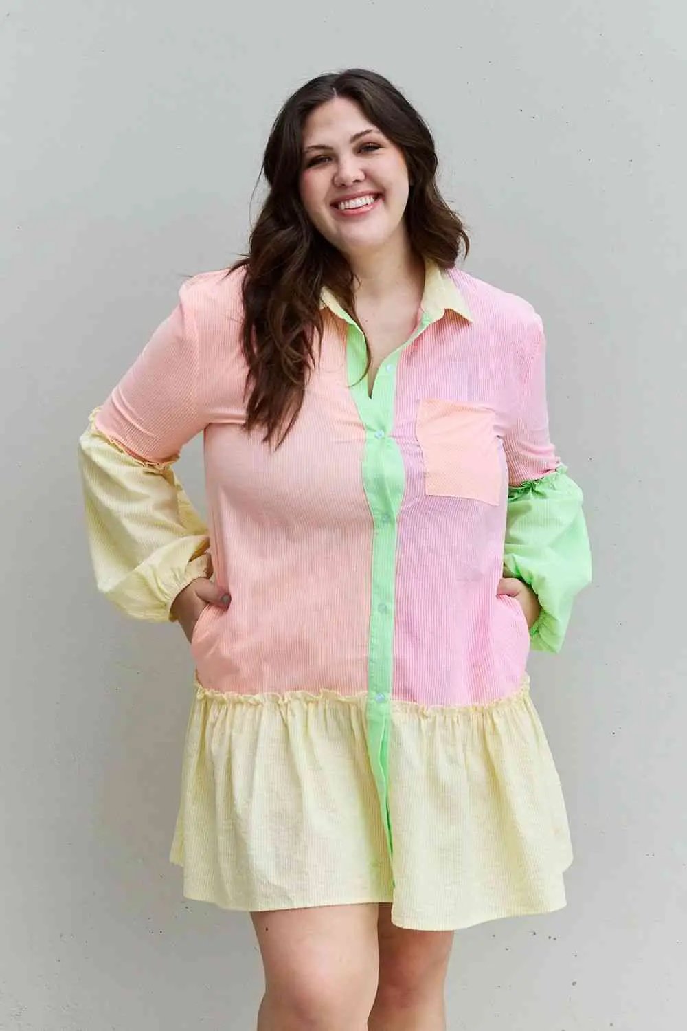 Davi & Dani Flying Colors Full Size Colorblock Long Sleeve Shirt Dress ...