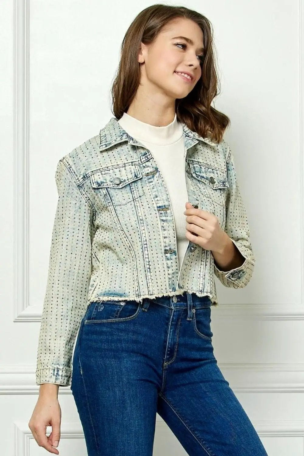 Veveret Multi Color Stripe Rhinestone Raw Hem Denim Jacket – AMIClubwear