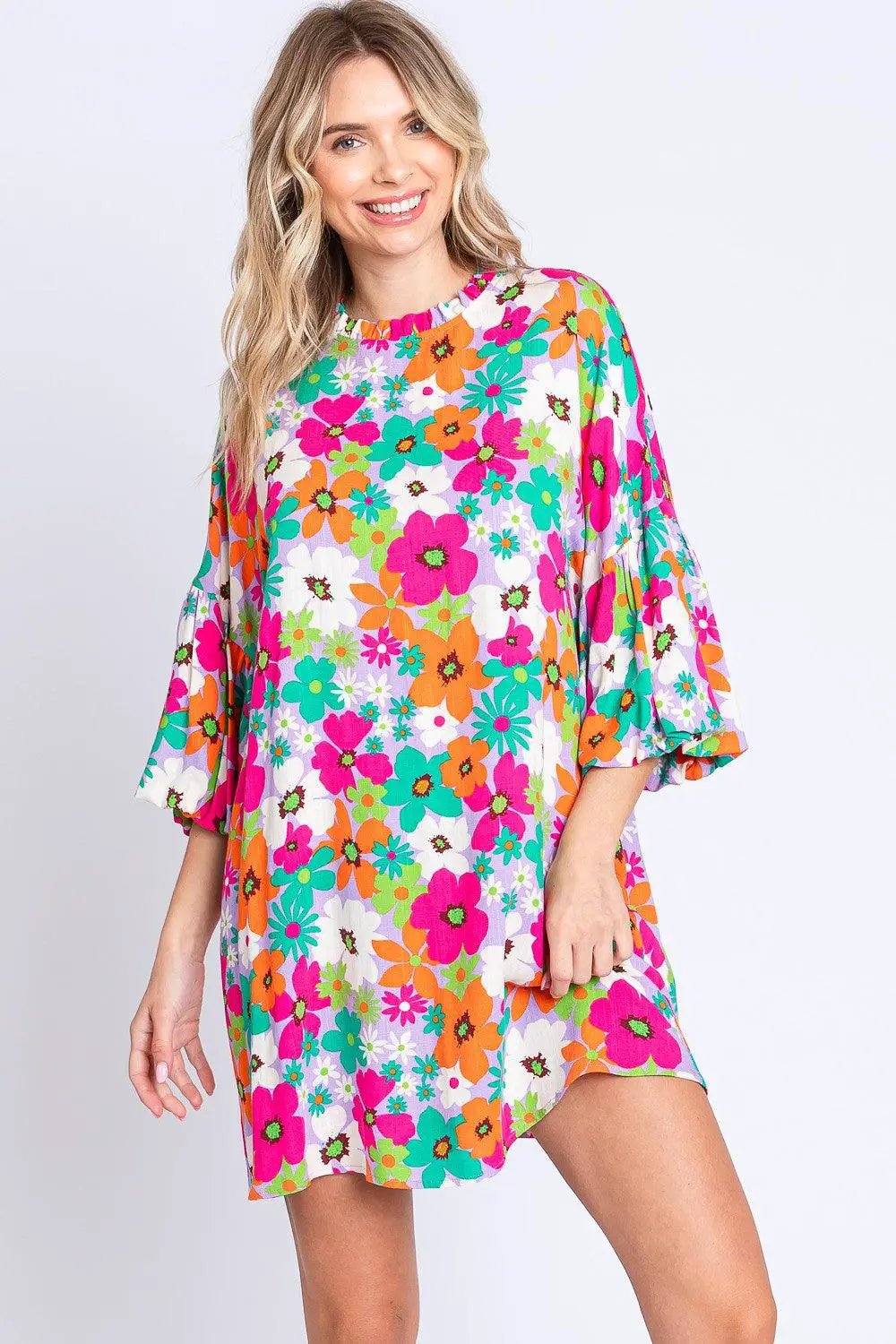 GeeGee Full Size Floral Round Neck Lantern Sleeve Mini Dress – AMIClubwear