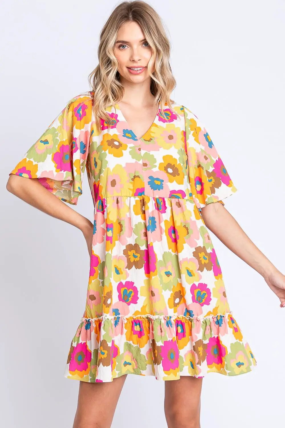 GeeGee Full Size Floral V-Neck Ruffle Trim Mini Dress – AMIClubwear