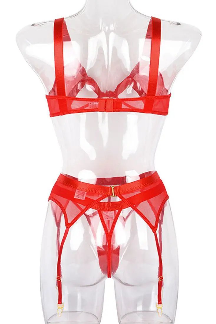 Red Sleeveless O ring Detail Mesh Strappy Three Piece Lingerie red-sleeveless-o-ring-detail-mesh-strappy-three-piece-lingerie
