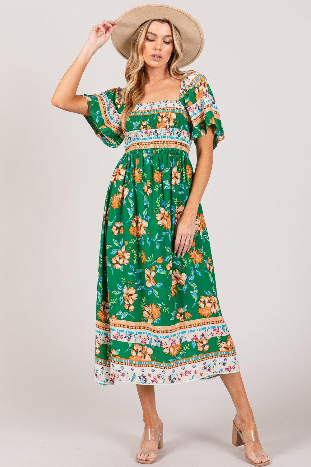 SAGE + FIG Printed Smocked Short Sleeve Midi Dress – AMIClubwear