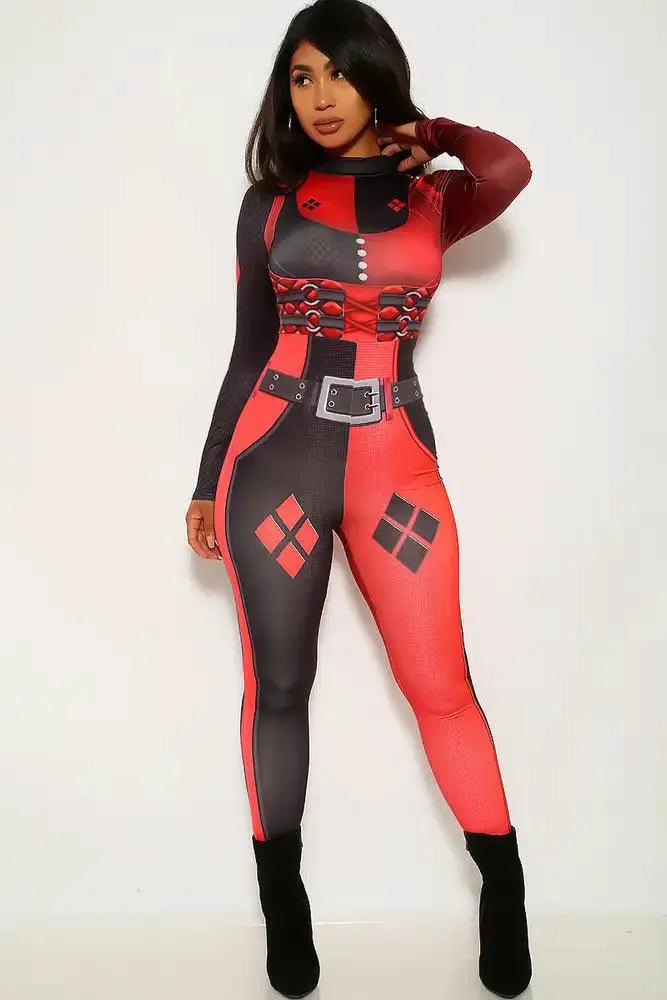Sexy Red Black Jester Halloween Jumpsuit Catsuit Costume – AMIClubwear